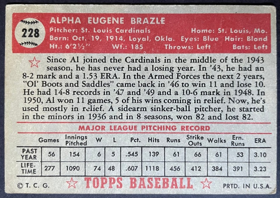 1952 Topps Baseball Al Brazle #228 St. Louis Cardinals MLB Card Vintage ...