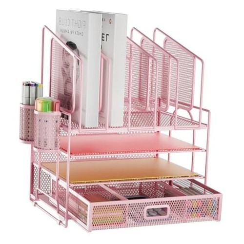 Desk Organizers, 4-Tier Mesh Desk File Organizer pink Vertical File ...