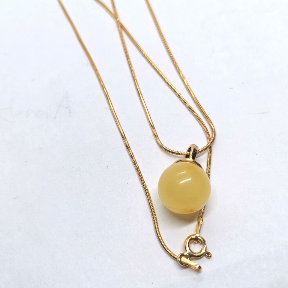 Amber Pendant Gold Plated Sterling Silver 925 Chain White Yellow Round ...