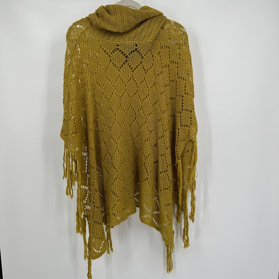 Ali Miles Womens Poncho Size L Mustard Yellow Fringe Cowl Neck Boho ...