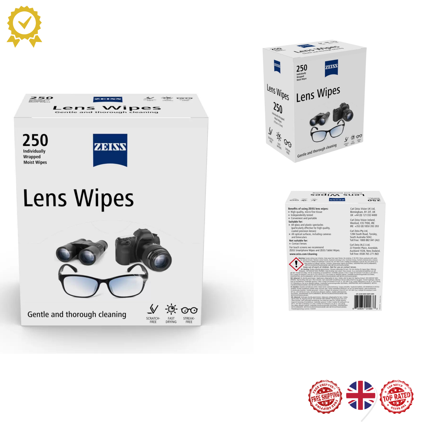 Zeiss Lens Cleaning Wipes 250 Pre Moist Lens Wipes Glasses Screen ...