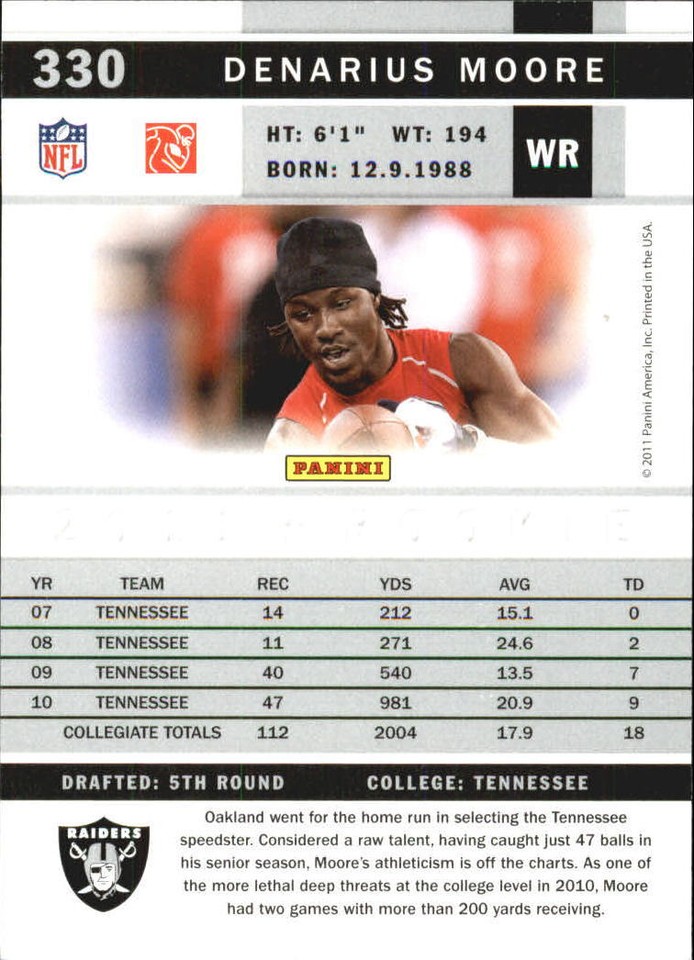 2011 Score Gold Zone Oakland Raiders Football Card #330 Denarius Moore ...