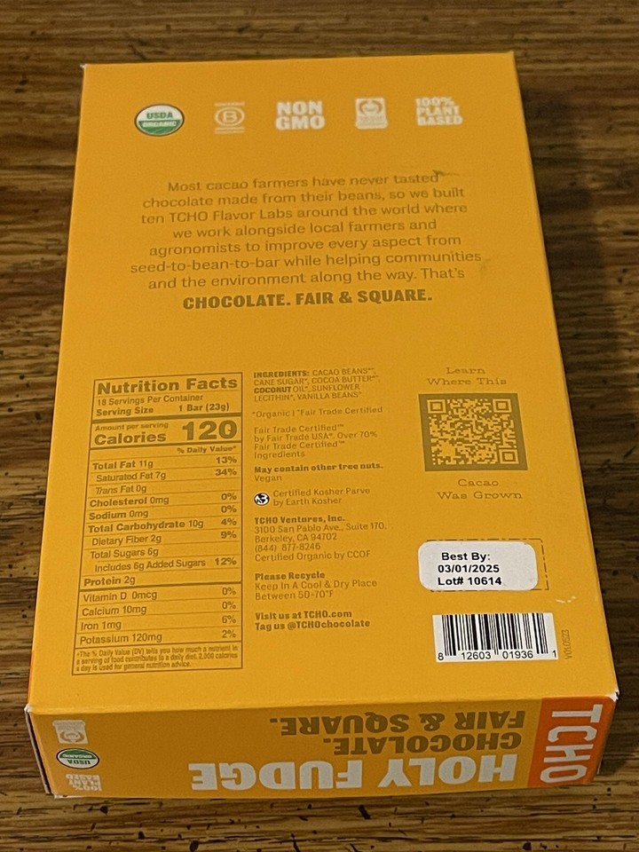 Tcho Chocolate Bar Holy Fudge Single 0.83 OZ Pack Of 17 Bars March 2025 ...
