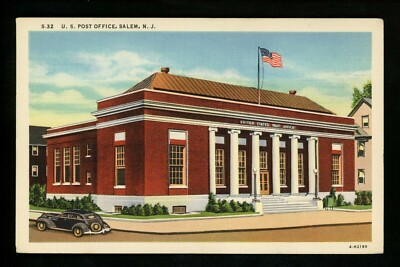 Post Office postcard New Jersey NJ Salem flag columns car mailbox globe ...