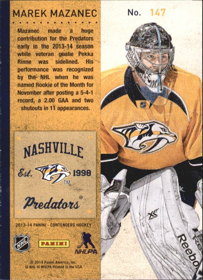 2013-14 Panini Contenders Predators Hockey Card #147 Marek Mazanec ...
