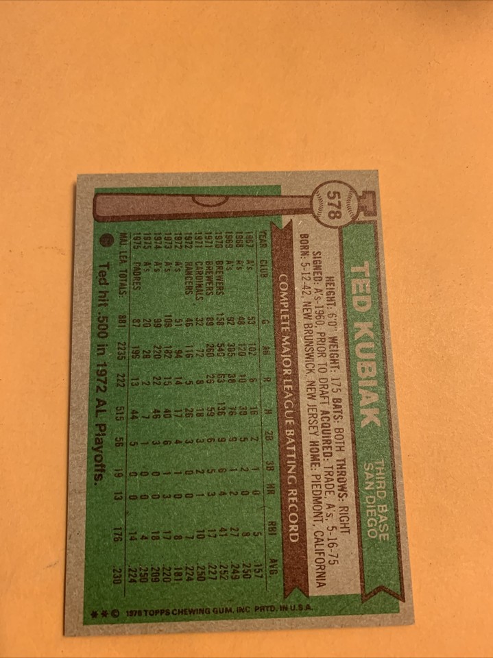 #578 Ted Kubiak San Diego padres 1976 Topps Baseball Card Cb22 | eBay