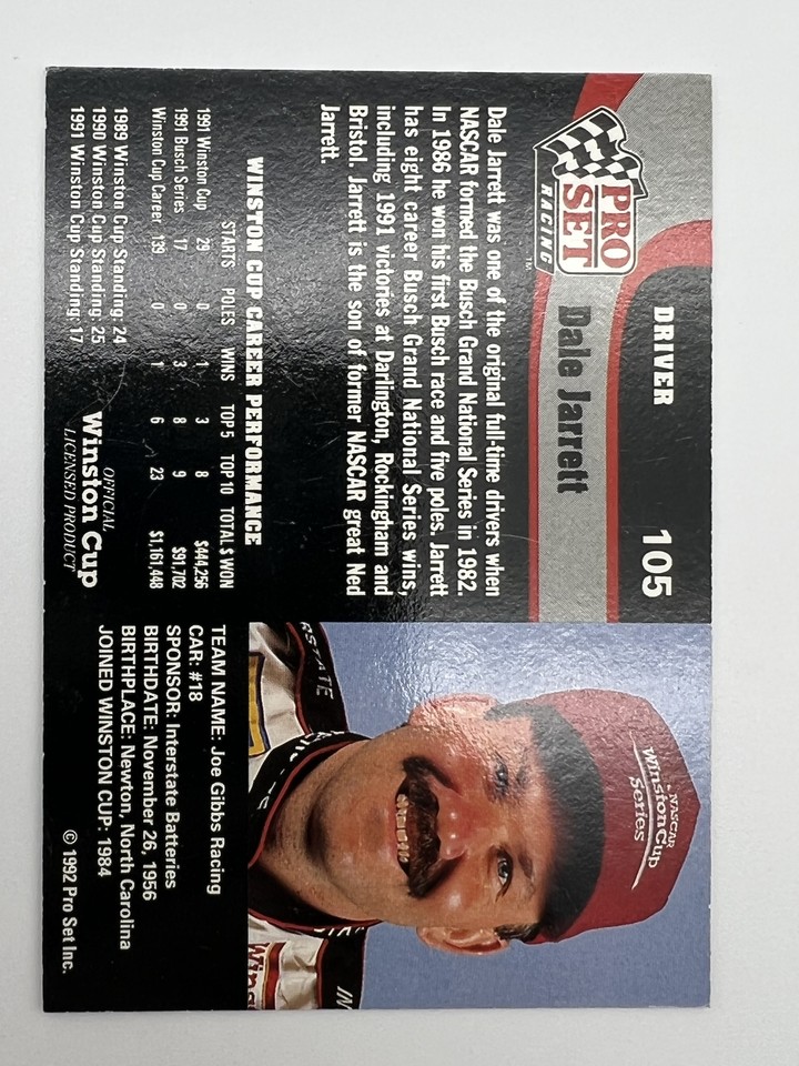 Dale Jarrett #105 - Pro Set Racing Card - 1992 Pro Set Winston Cup - NM ...