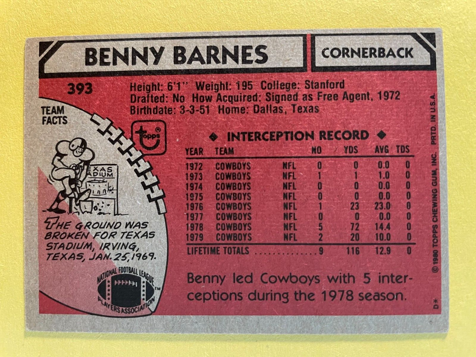 SIGNED BENNY BARNES 1980 TOPPS FOOTBALL CARD AUTOGRAPH CARD - COWBOYS ...