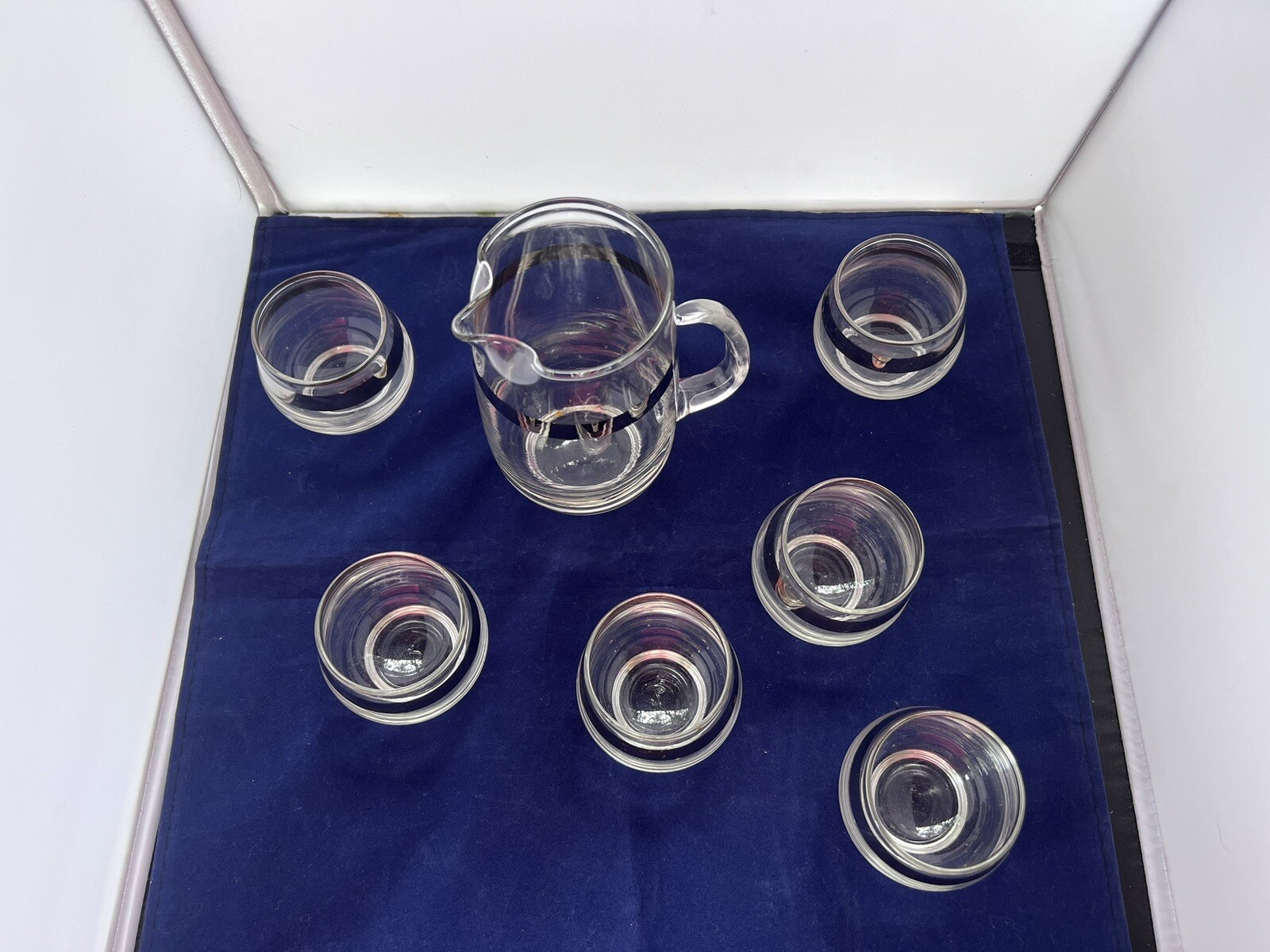 Vintage MCM Libbey Silver Band Small 6” Pitcher With Six Small Roly ...