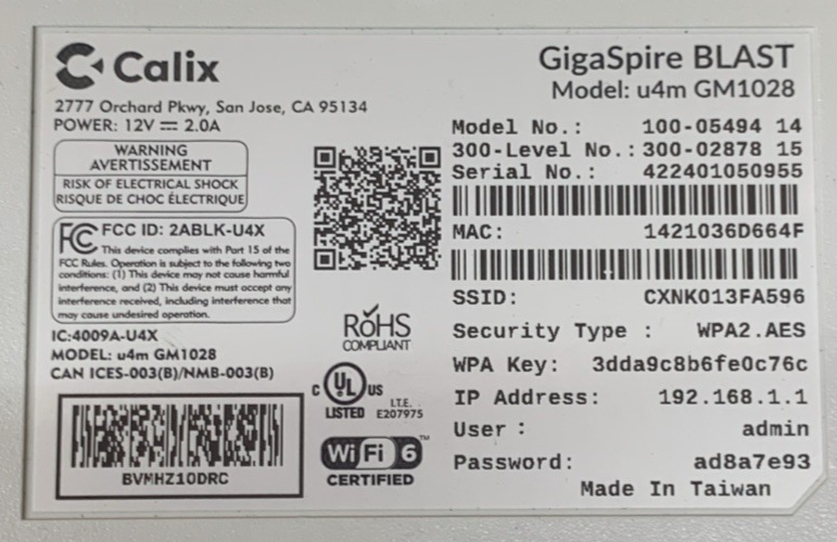 Calix GigaSpire BLAST u4m GM1028 100-05494 Mesh Router, Device Only ...