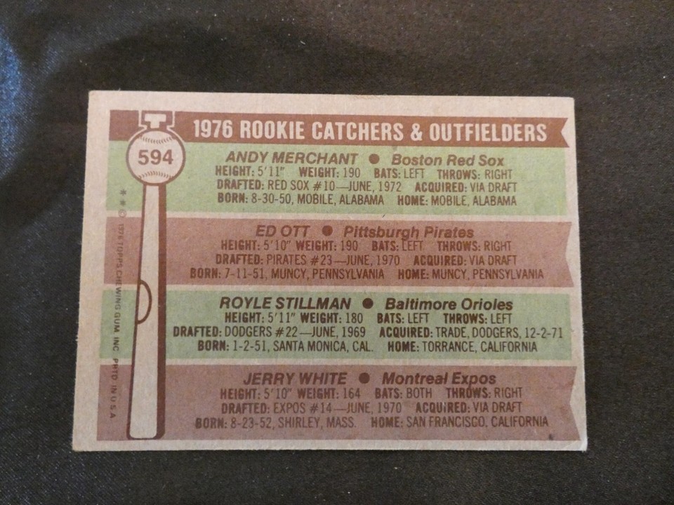 VINTAGE 1976 BASEBALL CARD #594 ROOKIE CATCHERS OUTFIELDERS JERRY WHITE ...