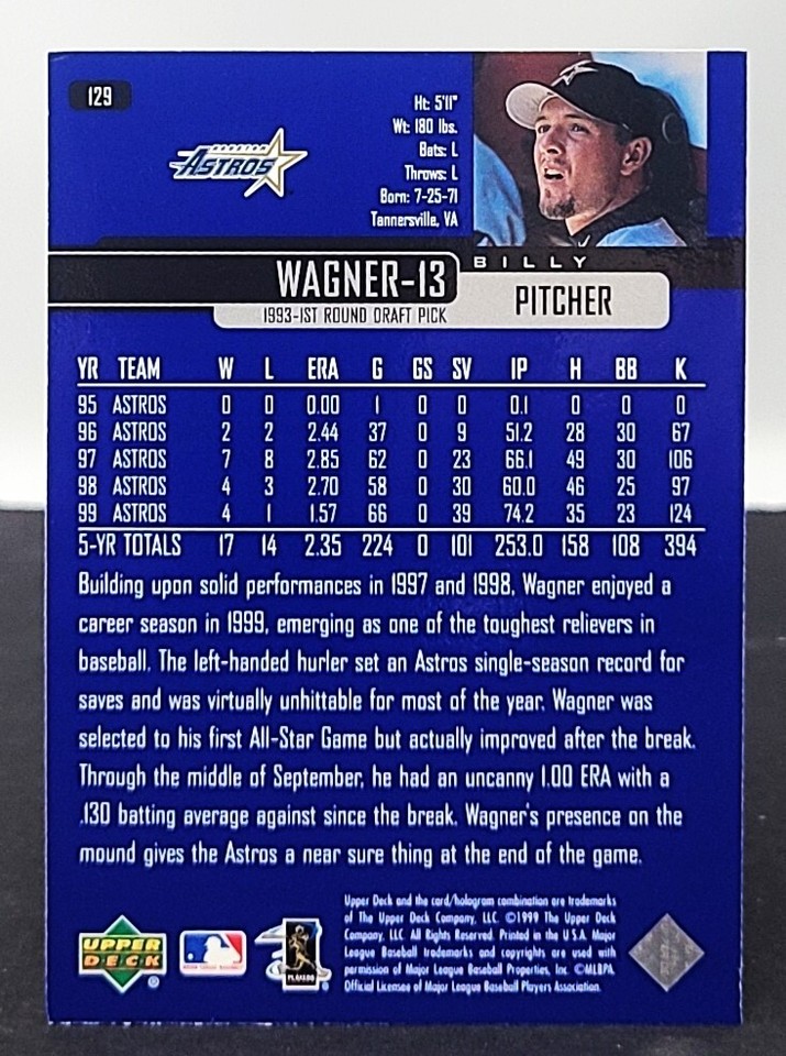BILLY WAGNER Signed Autograph 2000 Upper Deck Baseball Card #129 ...