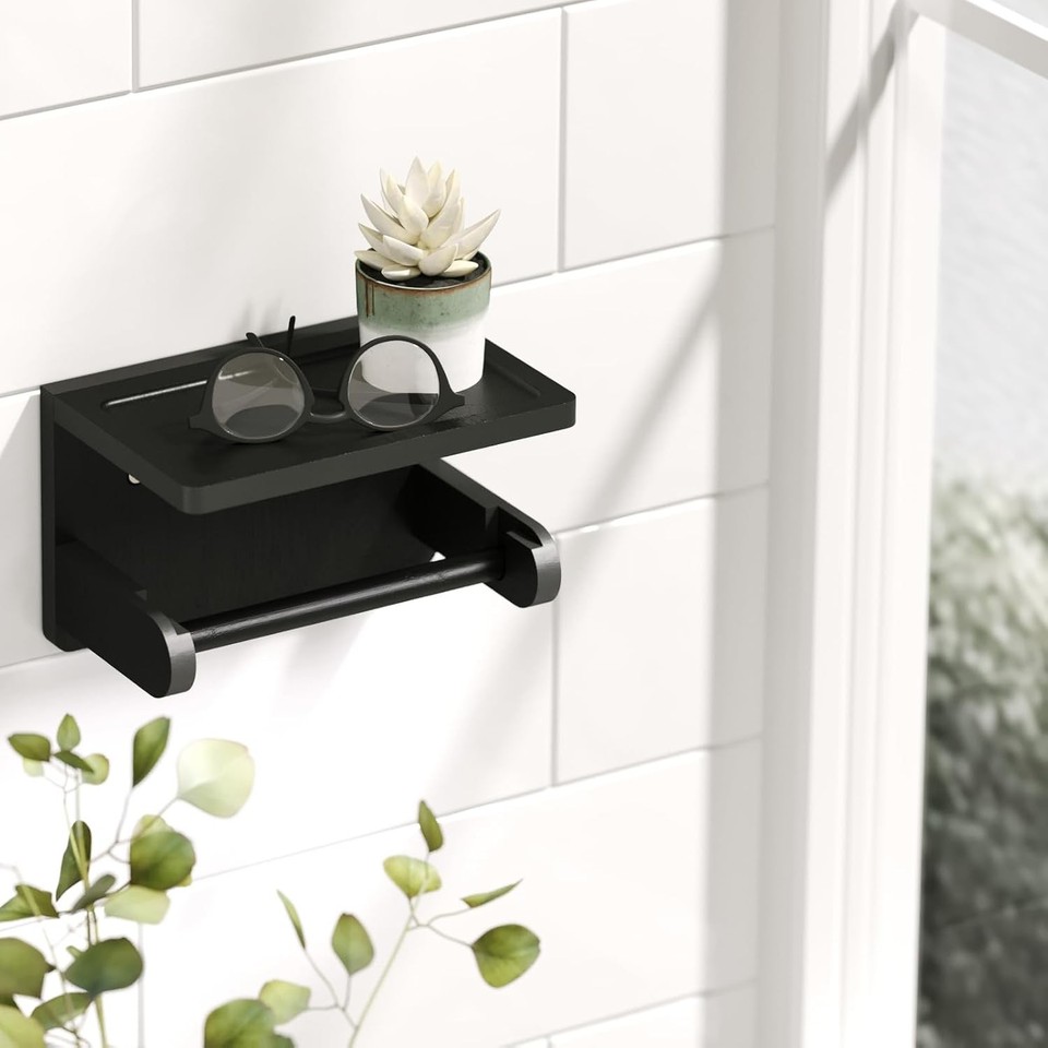 Toilet Paper Holder with Phone Shelf,Bamboo Wall Mounted Tissue 1 PC ...