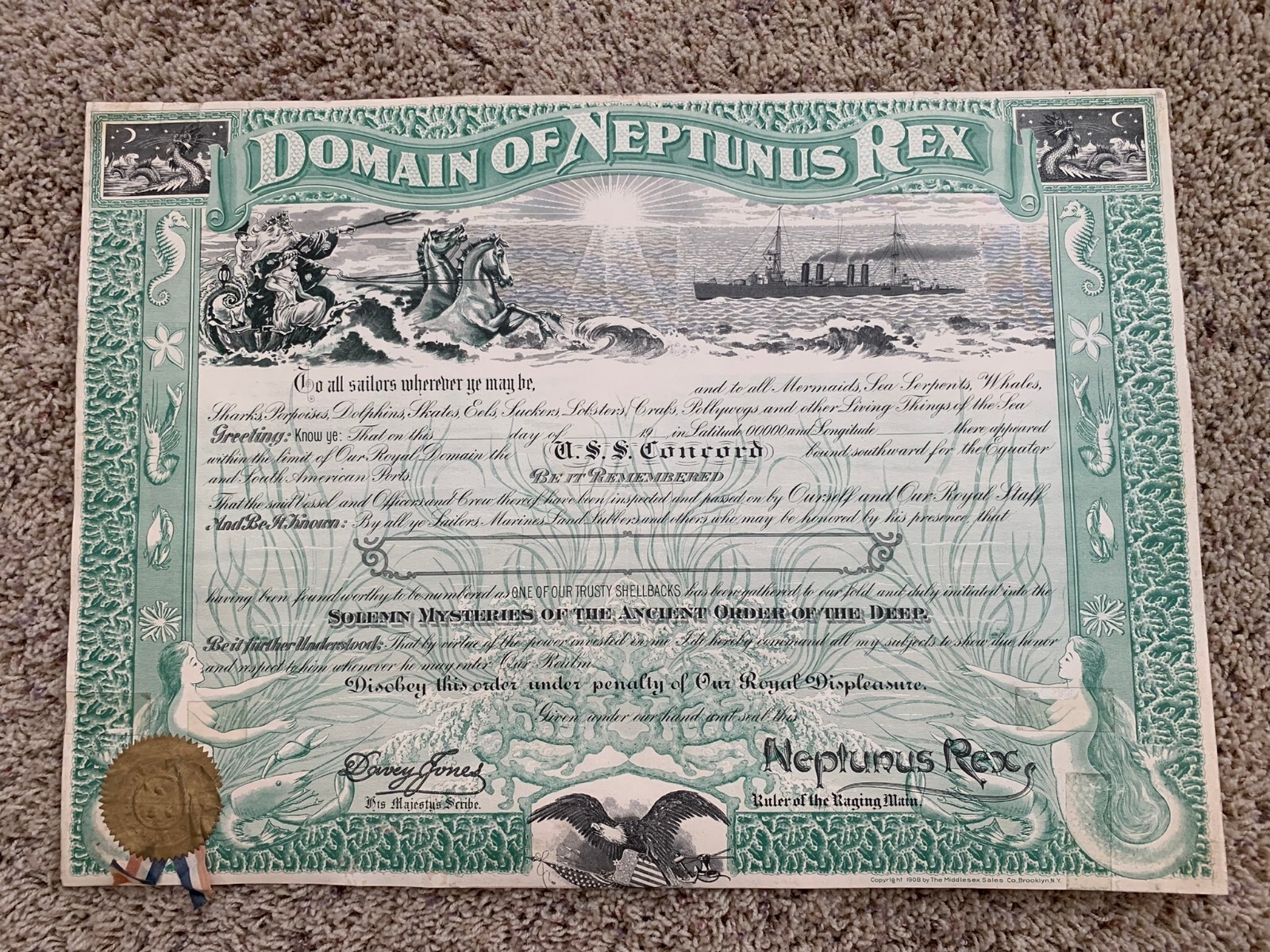 Domain of NEPTUNUS REX Certificate Copyright 1908 USS Concord CL-10 | eBay