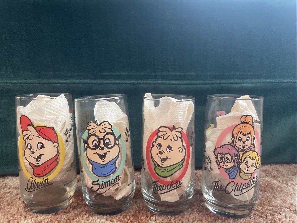 1985 ALVIN AND THE CHIPMUNKS SET 4 GLASSES ,ALVIN,THEODORE,SIMON, THE ...