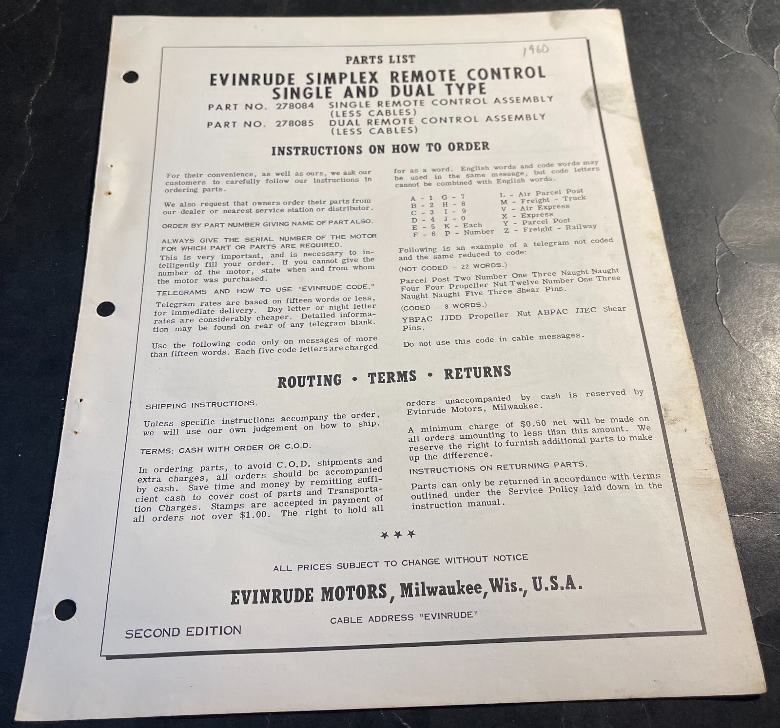 1960 EVINRUDE SIMPLEX REMOTE CONTROL PARTS MANUAL P/N 3042 (385) | eBay