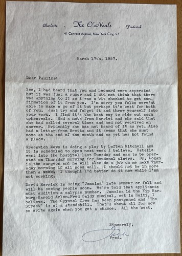 Negro Theater Founder & Actor Frederick O'Neal Autograph Letter | eBay