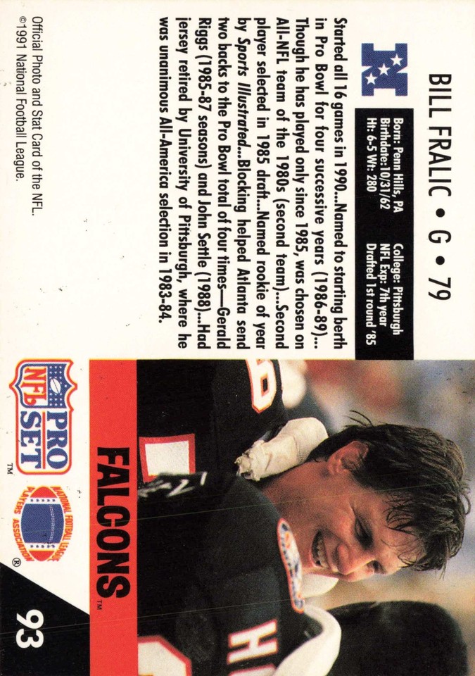 Bill Fralic 1991 Pro Set #93 Atlanta Falcons Football | eBay