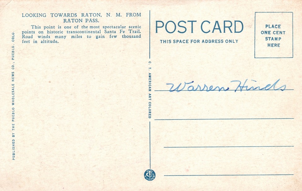 Vintage Postcard 1920s Looking South From Top of Raton Pass Trinidad ...