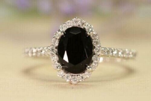 2.50Ct Oval Cut Black Diamond Halo Pretty Lab Created Ring 14K White ...