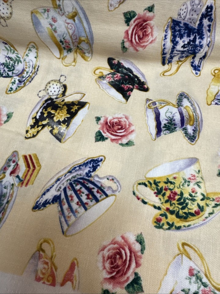 Cotton Teacups Cups Saucers Tea Party Cream Fabric Print One Yard | eBay