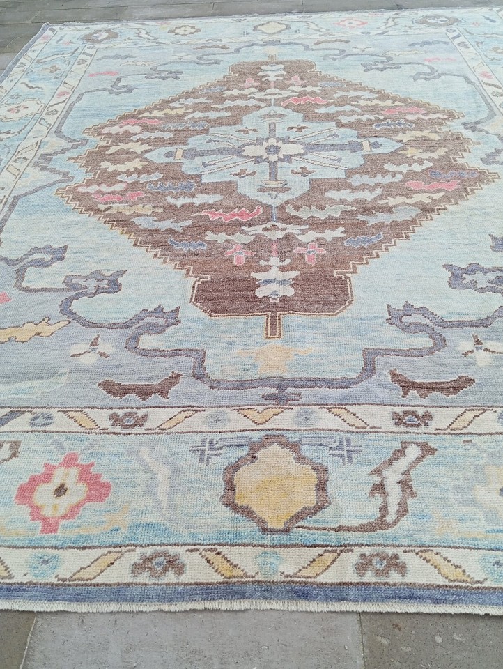 Turkish Rug Blue Hand Knotted Antique Oriental Oushak Wool Area Carpet ...