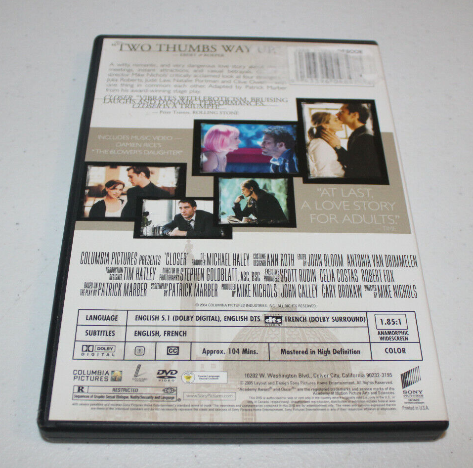 Closer (DVD 2005) Natalie Portman, Jude Law, Clive Owen, Julia Roberts ...