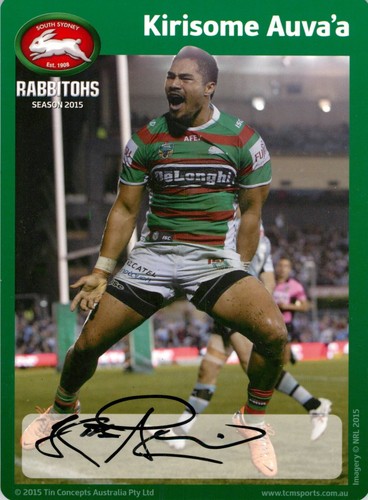 Signed 2015 SOUTH SYDNEY RABBITOHS NRL Card KIRISOME AUVA'A 15 x 11cm ...