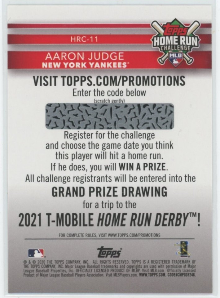 2020 Topps Home Run Challenge Code Cards #HRC11 Aaron Judge New York ...