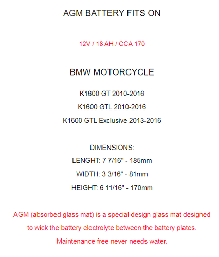 AGM Battery for BMW K1600Gt K1600 Gt Gtl 2010 2011 2012 2013 2014 2015 ...
