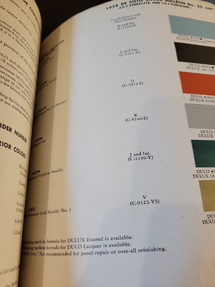 1958 DUPONT DE SOTO FIREFLITE FIREDOME COLORS PAINT CHIP SWATCH SHEET ...