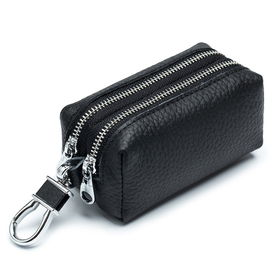 Genuine Leather Car Key Case Wallet Unisex Double Zipper Keychain Coin ...