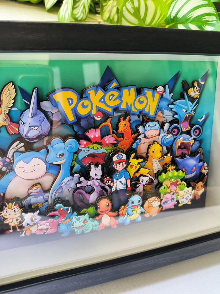 Pokemon Group 3D Shadow Box Picture Display Frame Art Deco Wall Pikachu ...