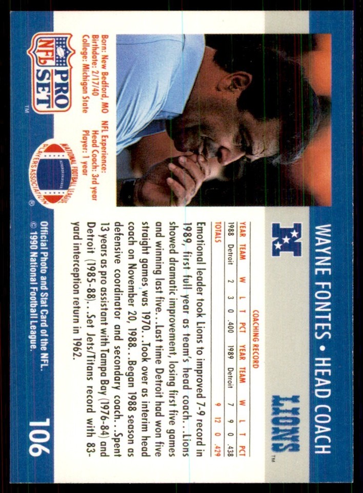 1990 Pro Set Wayne Fontes Football Cards #106 | eBay