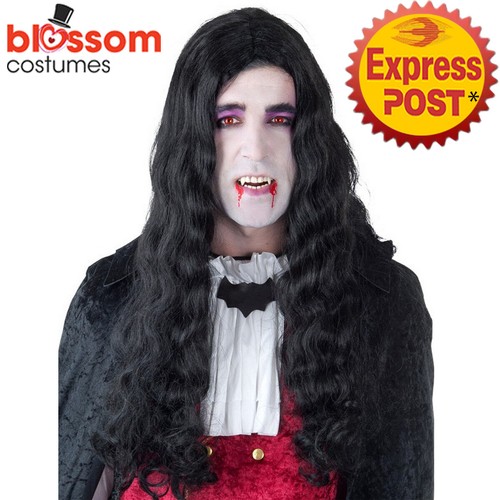 W841 Deluxe Black Mens Vampire Goth Dracula Halloween Long Curl Costume ...