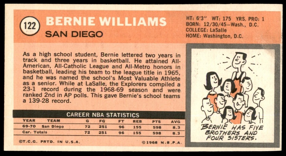 1970-71 Topps Basketball Bernie Williams (D) San Diego Rockets #122 | eBay