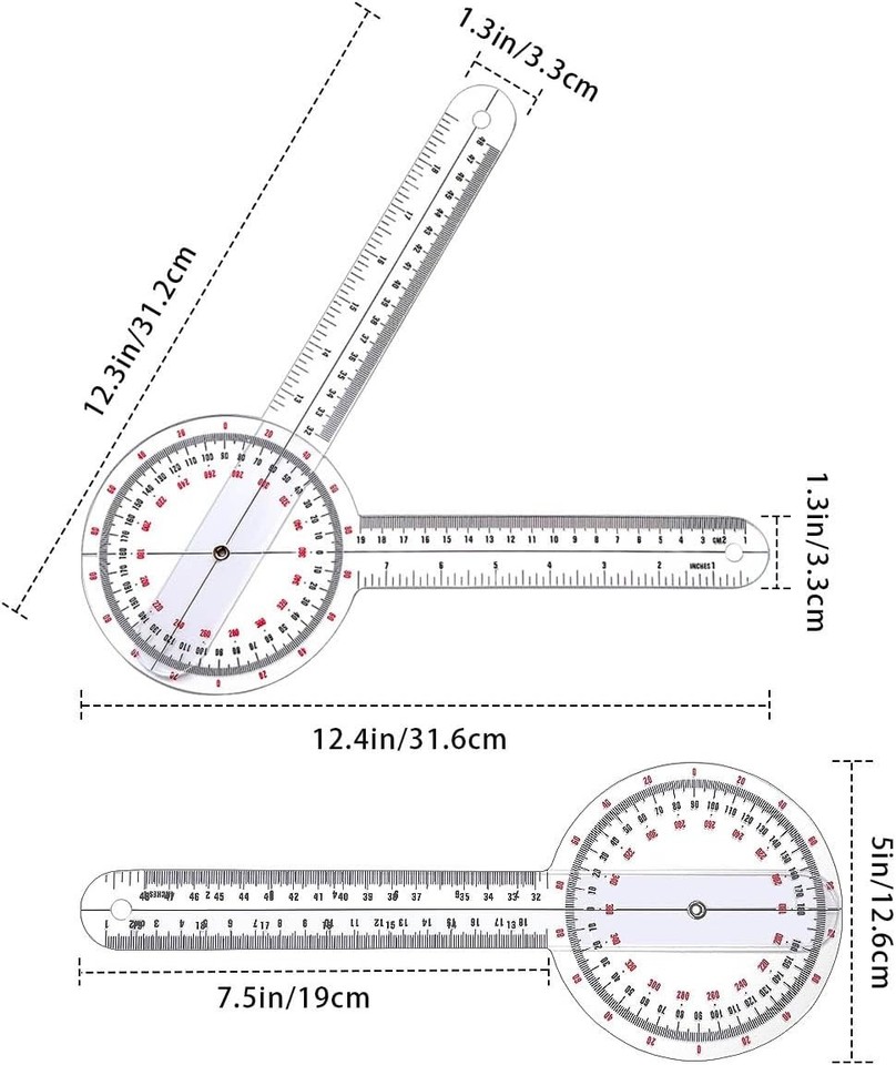 12 inch Transparent Orthopedic Angle Ruler Plastic Goniometer, 360 ...