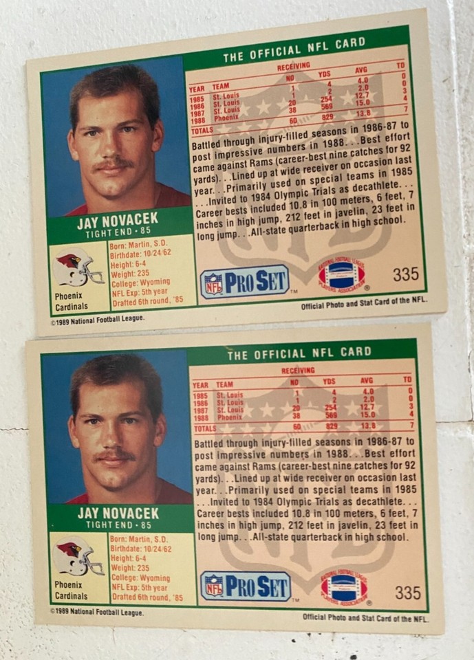 1989 Pro Set Football Jay Novacek #335 Phoenix Cardinals Rookie (2 ...