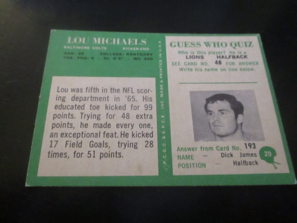LOU MICHAELS (baltimore colts - kicker) 1966 philadelphia card #20 ...