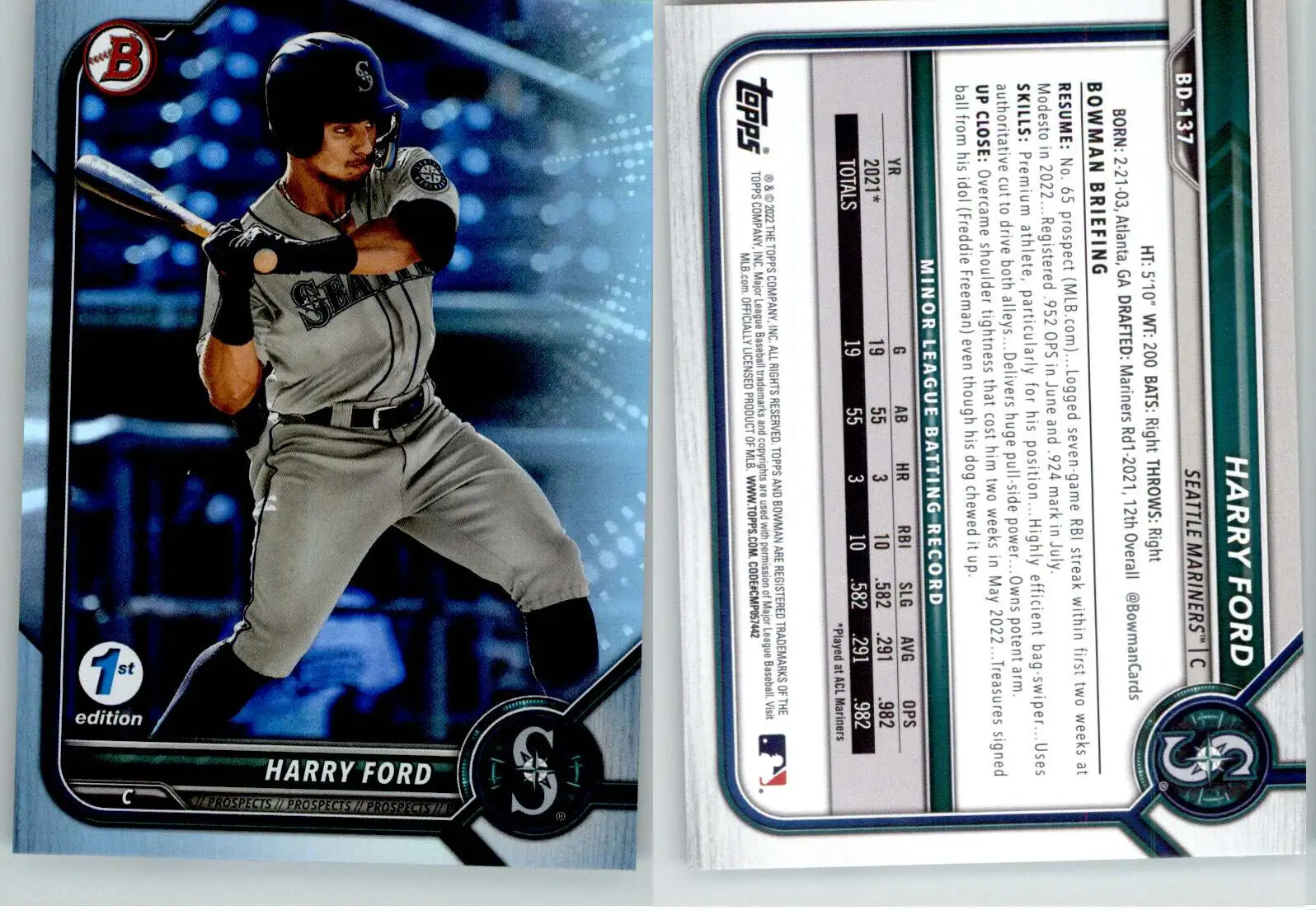 Harry Ford 2022 Bowman Draft 1st Edition Sky Blue Foil BD-137 Mariners ...