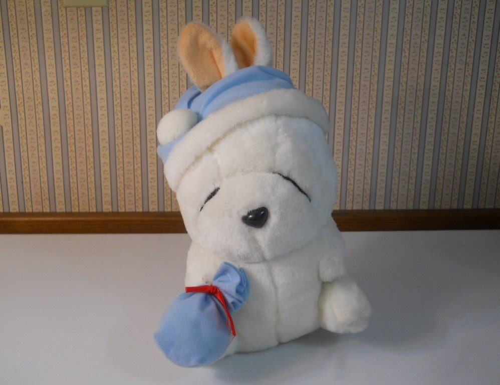 Mashimaro Plush 13" white bunny rabbit with blue hat & blue sack ...