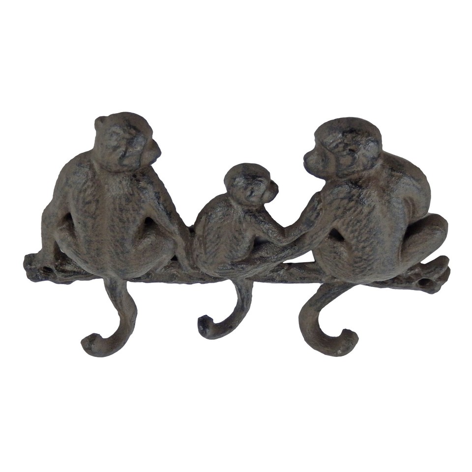 Cast Iron Monkey Family Wall Hook Rack Key Towel Coat Hanger Safari ...