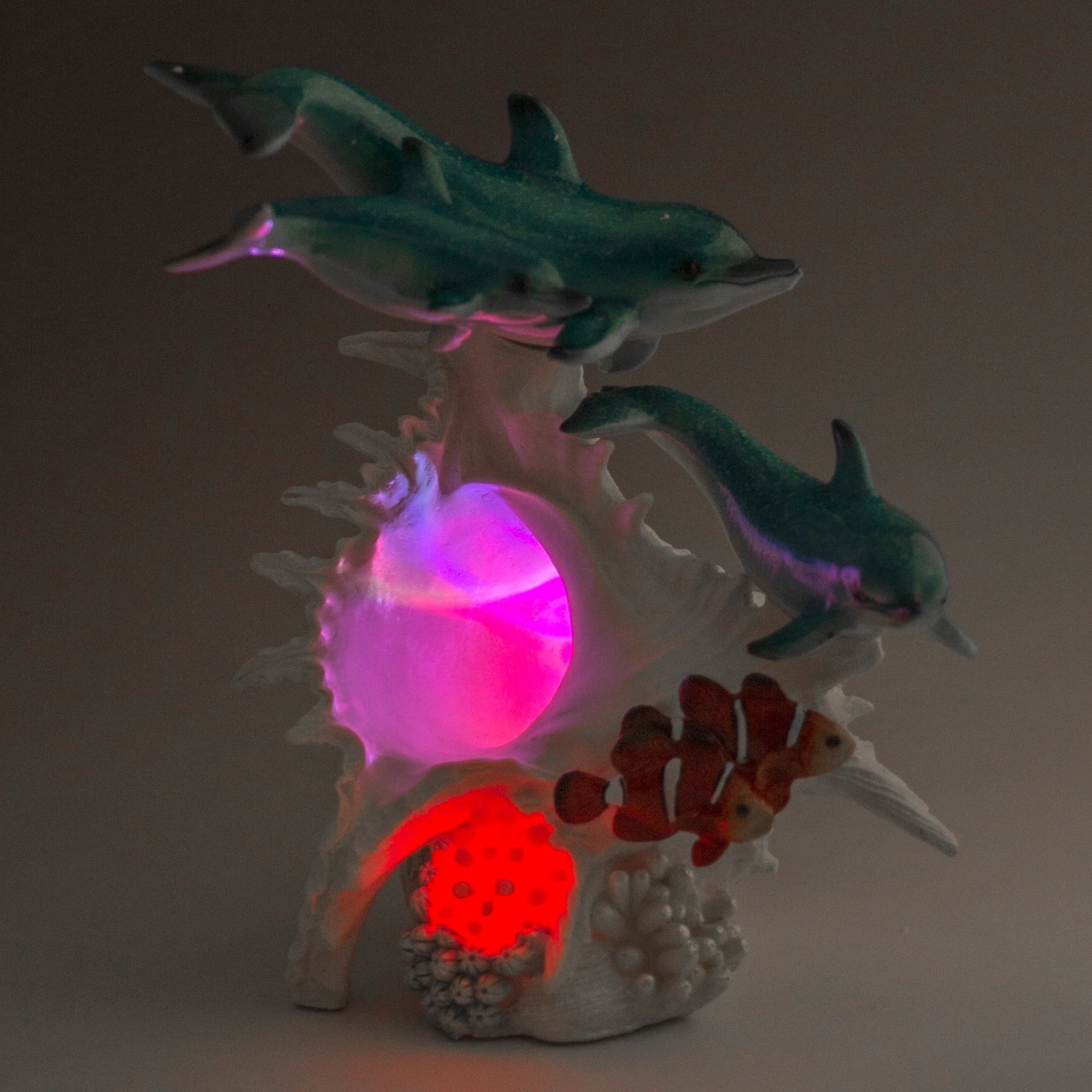 Blue Dolphins & Clown Fish Swimming Over LED Conch Shell Figurine ...