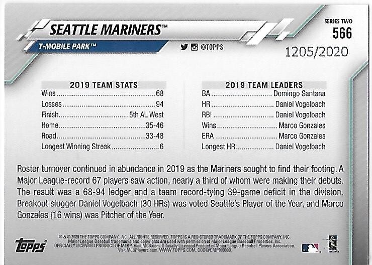 2020 Topps Series 2 Baseball Gold Seattle Mariners Team Card 1205/2020 ...