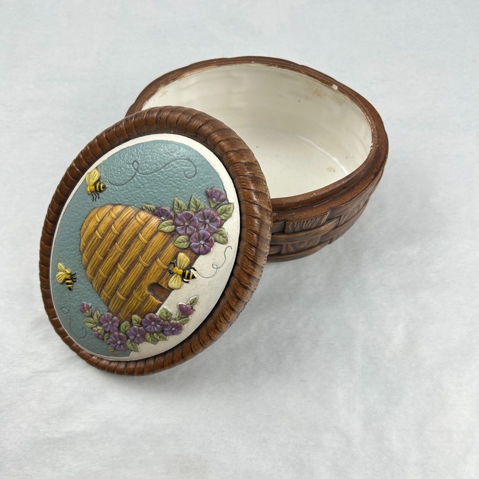 Ceramic Woven Basket Trinket Box Hand Painted Beehive Flowers Bees OOAK ...