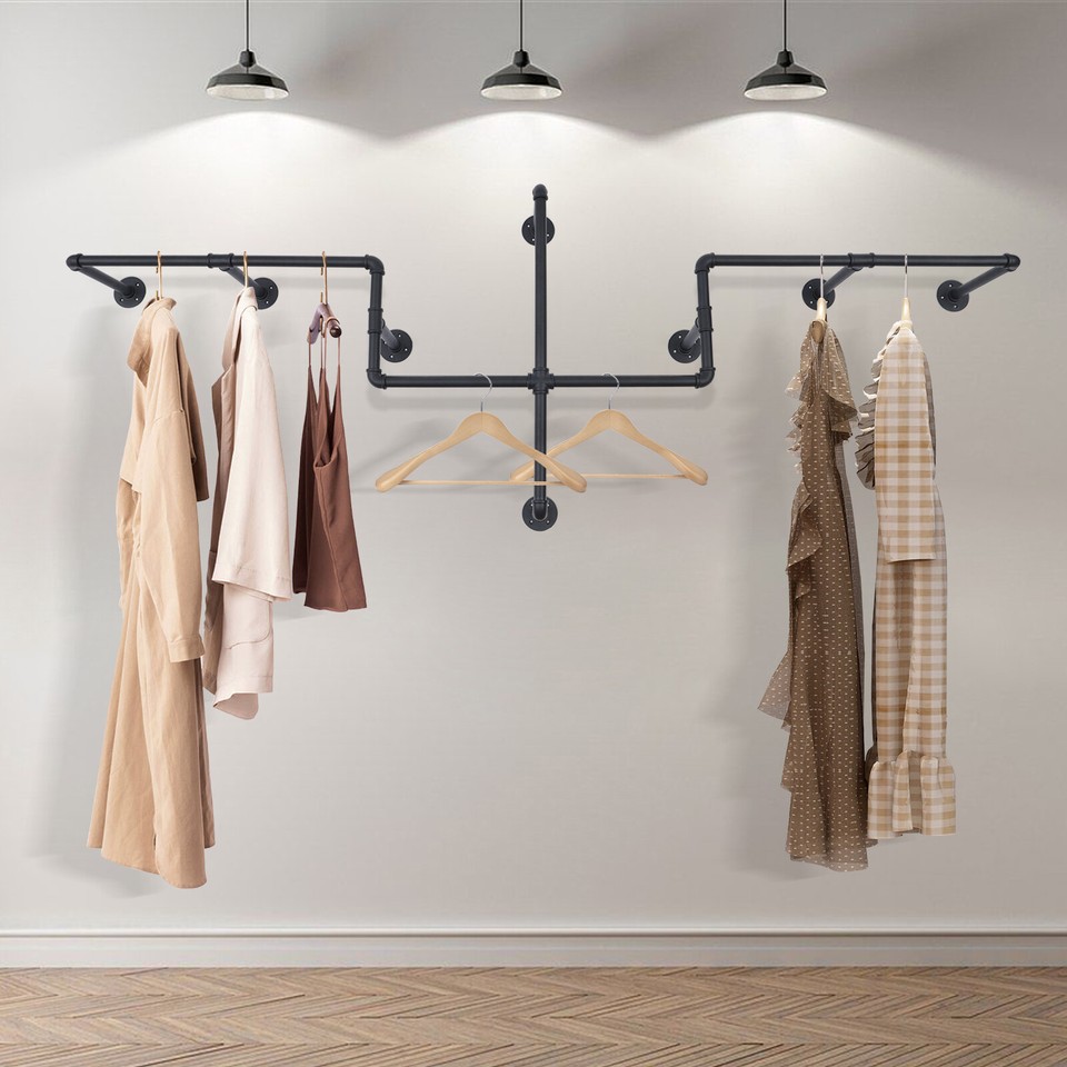 Wall Mounted Garment Rack Industrial Pipe Clothes Hanging Bar Display ...