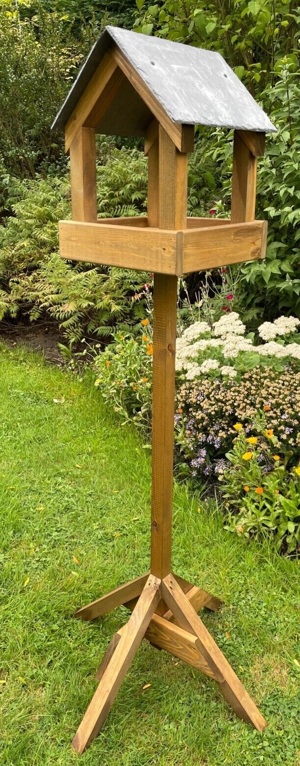 Minster Wooden Bird Table Slate Roof Garden Wood Feeding Stand Station ...