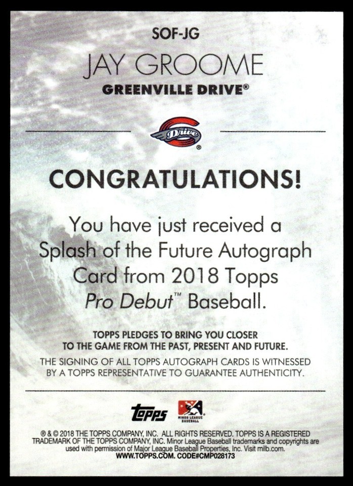 Jay Groome 2017 Topps Pro Debut Splash of the Future Auto Orange 20/25 ...