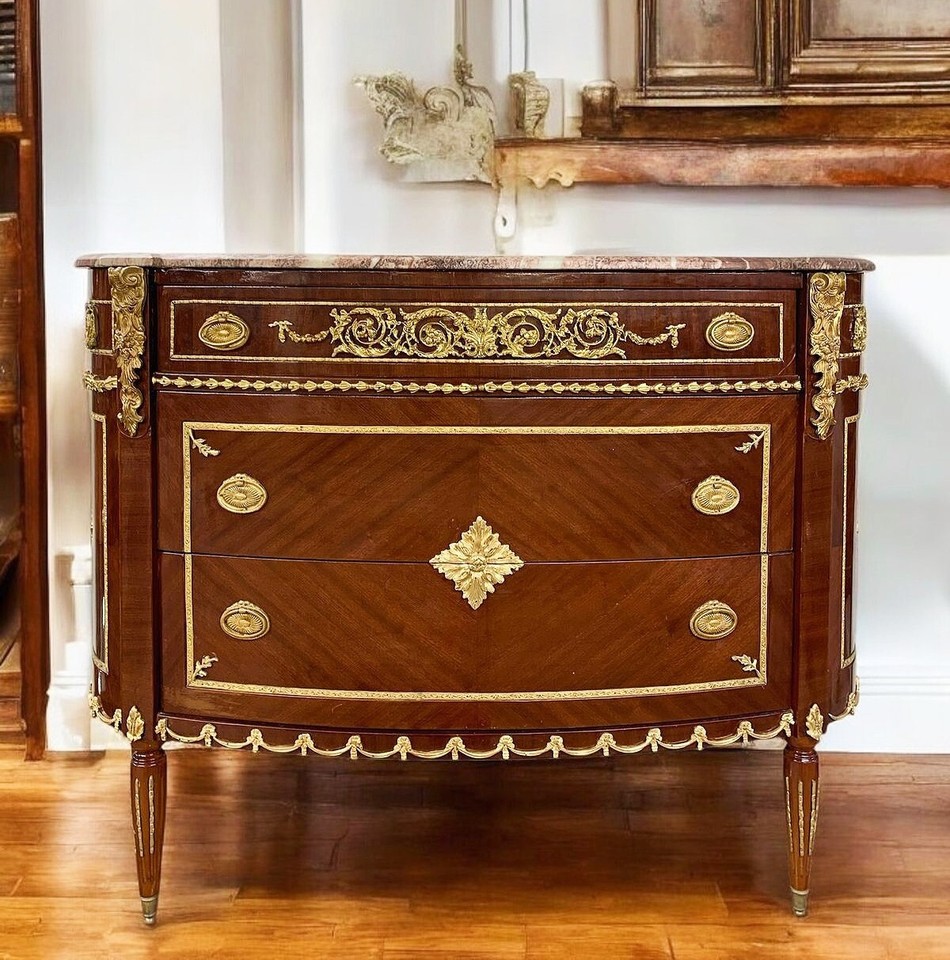 French Louis XV Style Brown Marquetry Commode Chest of Drawers ...
