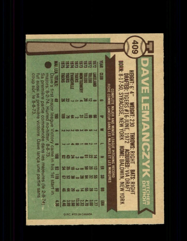 1976 DAVE LEMANCZYK OPC #409 O-PEE-CHEE TIGERS *R4891 | eBay